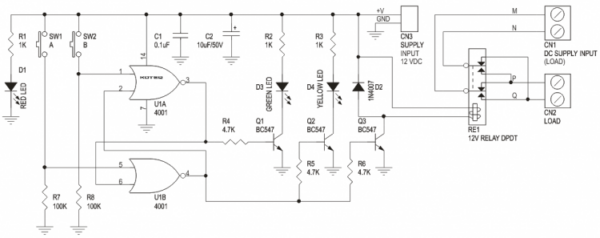 DC Motor Direction Controller with tact switches - Electronics-Lab.com DC Motor Direction Controller with tact switches - Electronics-Lab.com