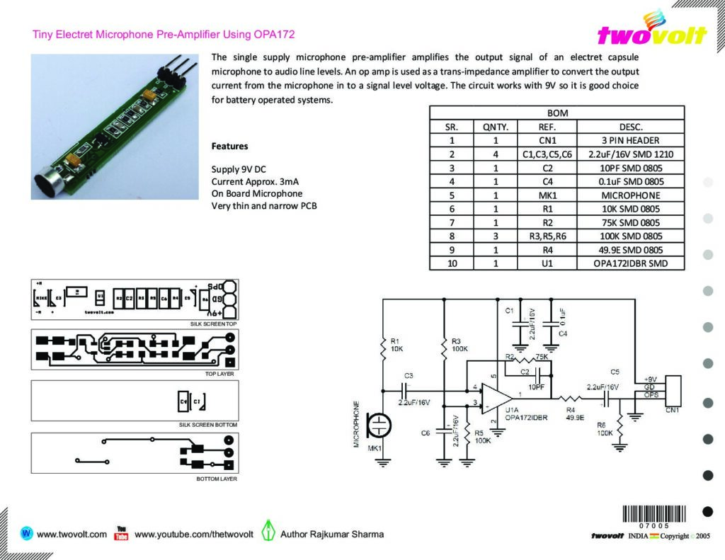 Tiny Electret Microphone Pre-Amplifier Using OPA172 - Electronics-Lab.com