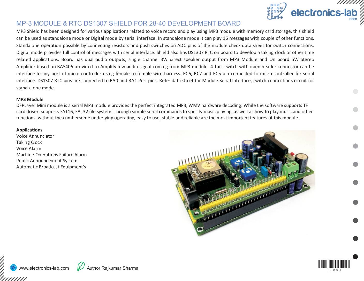 Mp3 Module & RTC1307 Shield - Electronics-Lab.com