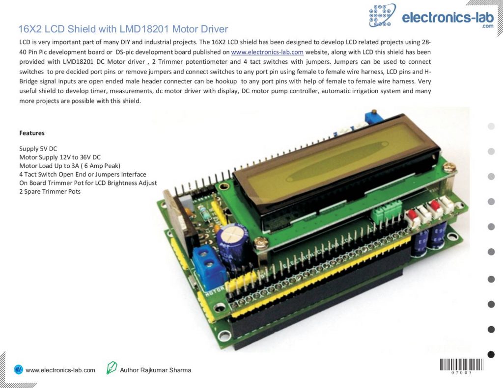 16X2 LCD Shield with LMD18201 Motor Driver - Electronics-Lab.com