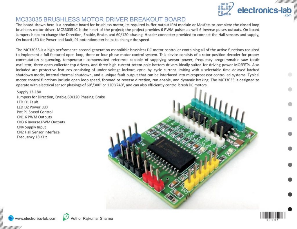 MC33035 BRUSHLESS MOTOR DRIVER BREAKOUT BOARD - Electronics-Lab.com