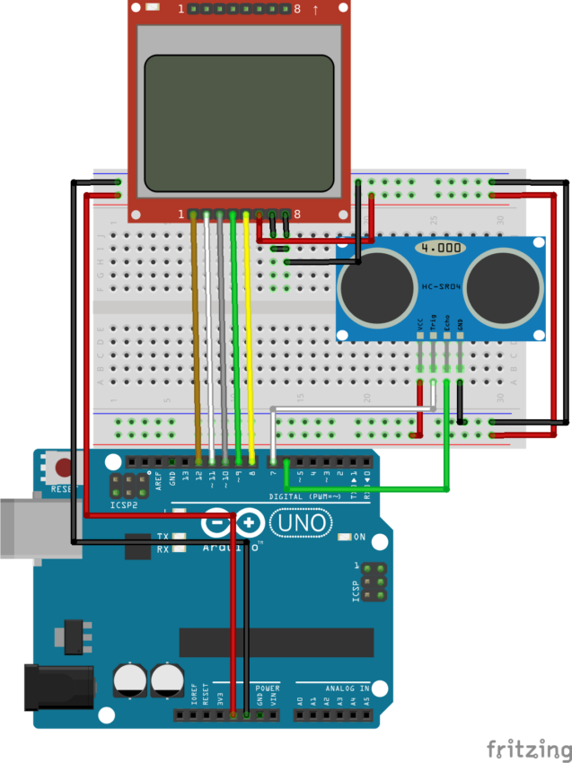 Arduino distance meter with Ultrasonic Sensor (HC SR04) and Nokia 5110 LCD display - Electronics-Lab