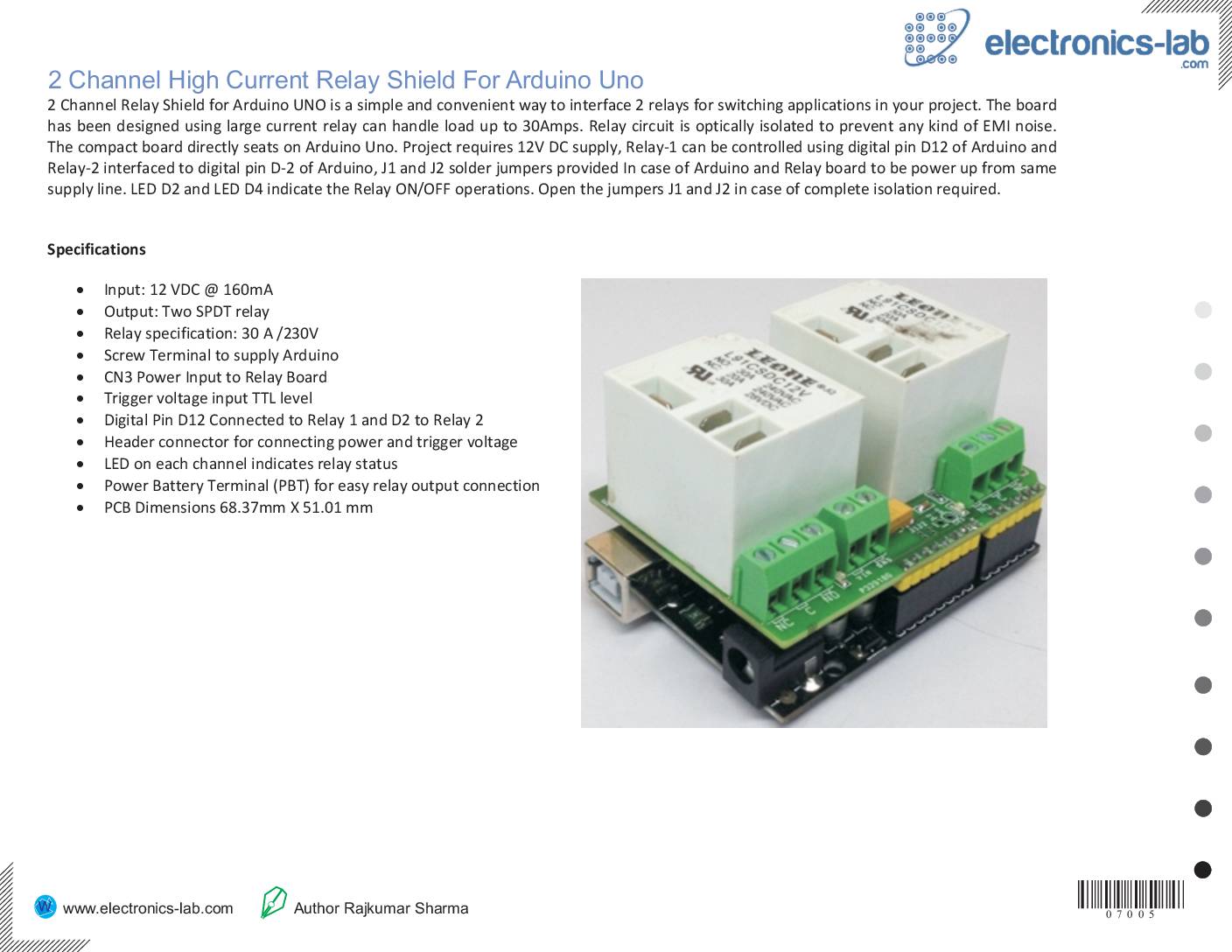 2 CHANNEL HIGH CURRENT RELAY SHIELD - Electronics-Lab.com