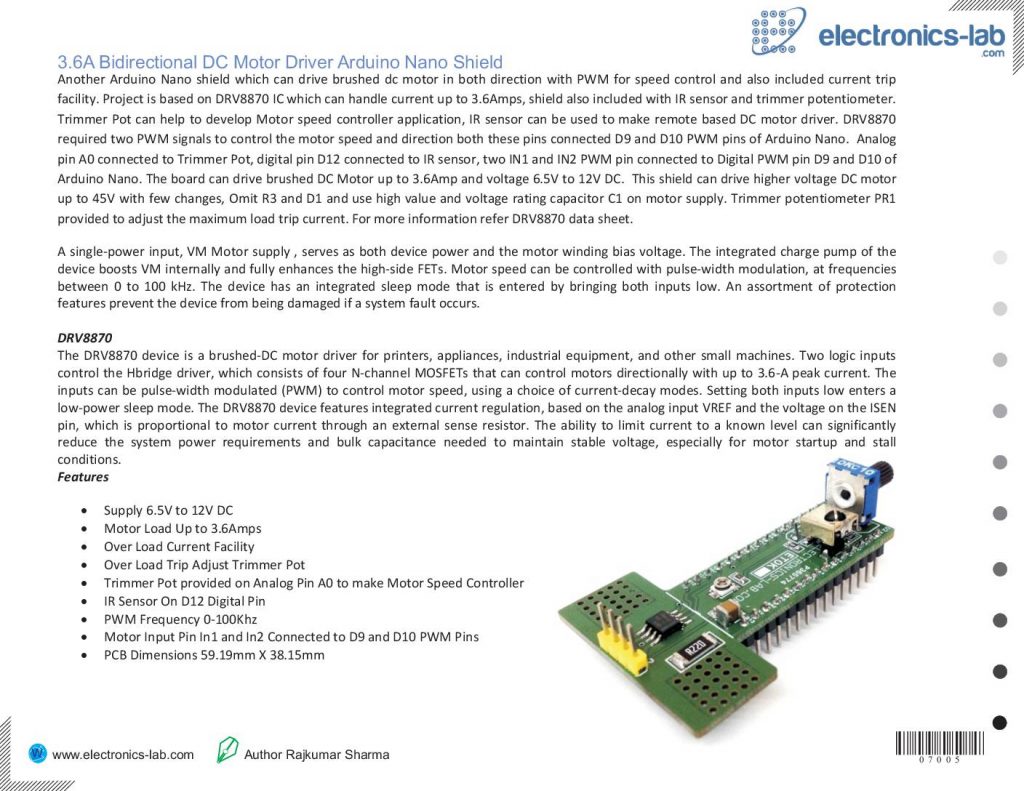 3.6A Bidirectional DC Motor Driver Arduino Nano Shield - Electronics ...