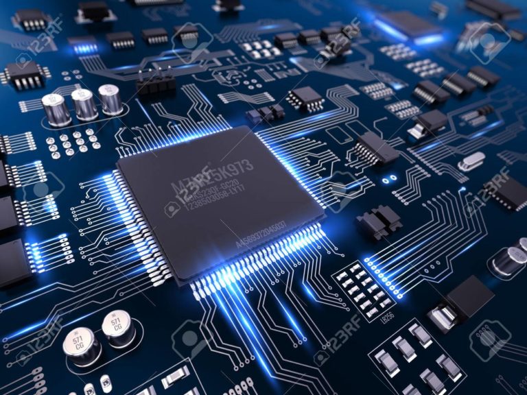 High tech electronic PCB (Printed circuit board) with processor and microchips. 3d illustration ...