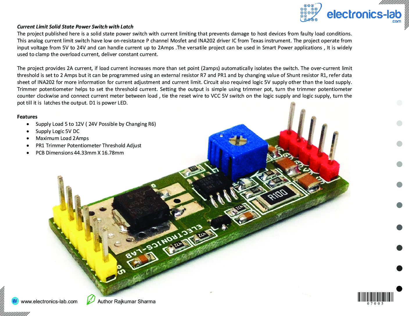 Current Limit Solid State Power Switch With Latch Electronics