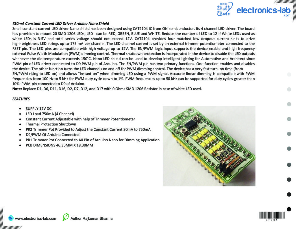 750mA Constant Current LED Driver Arduino Nano Shield - Electronics-Lab.com