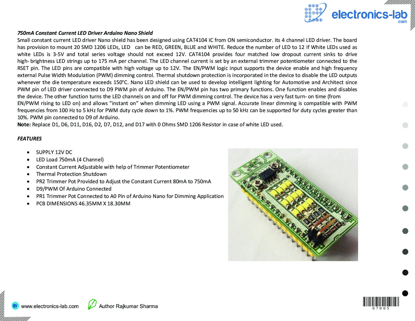 750mA Constant Current LED Driver Arduino Nano Shield - Electronics-Lab.com