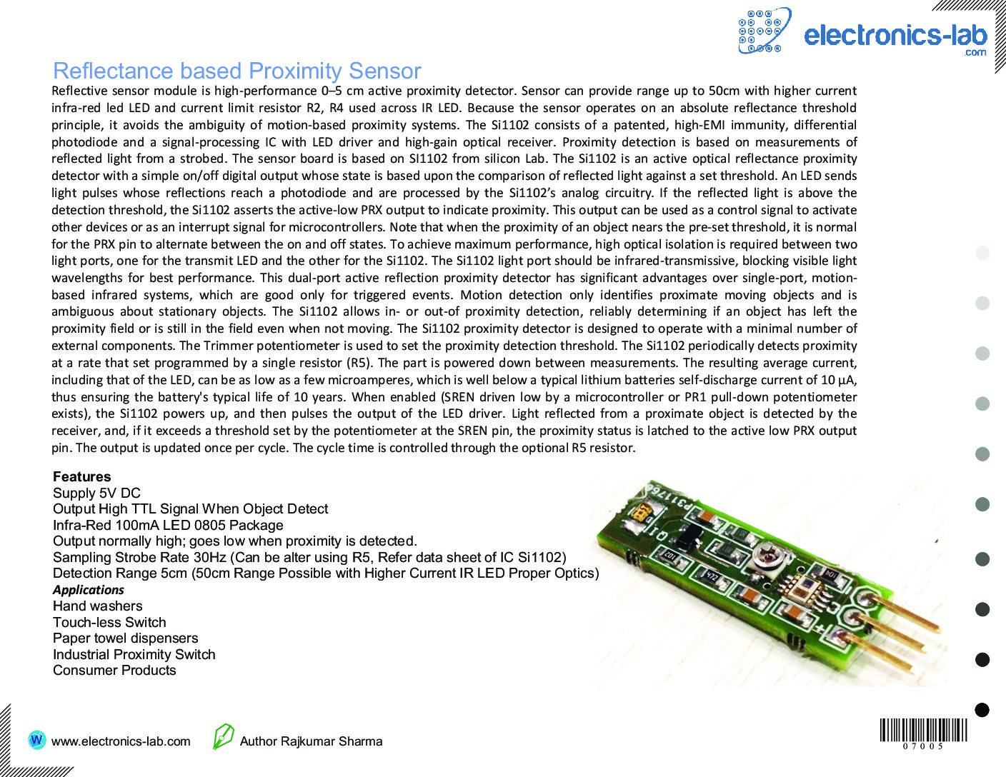 Reflectance based Proximity Sensor - Electronics-Lab.com