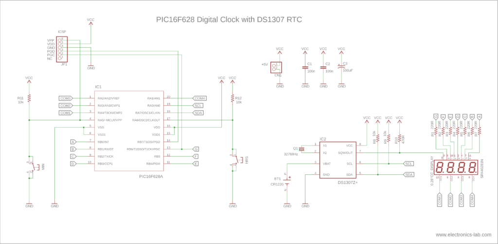 7-segment Mini Clock using PIC16F628A and DS1307 RTC - Electronics-Lab