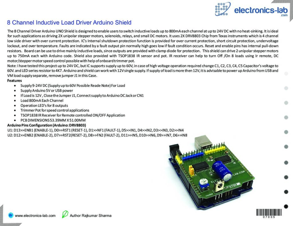 8 Channel Inductive Load Driver Arduino Shield - Electronics-Lab.com