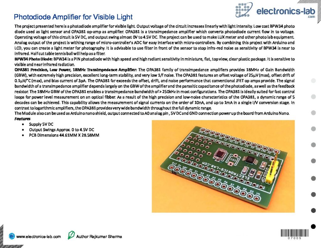 Photodiode Amplifier for Visible Light - Electronics-Lab.com