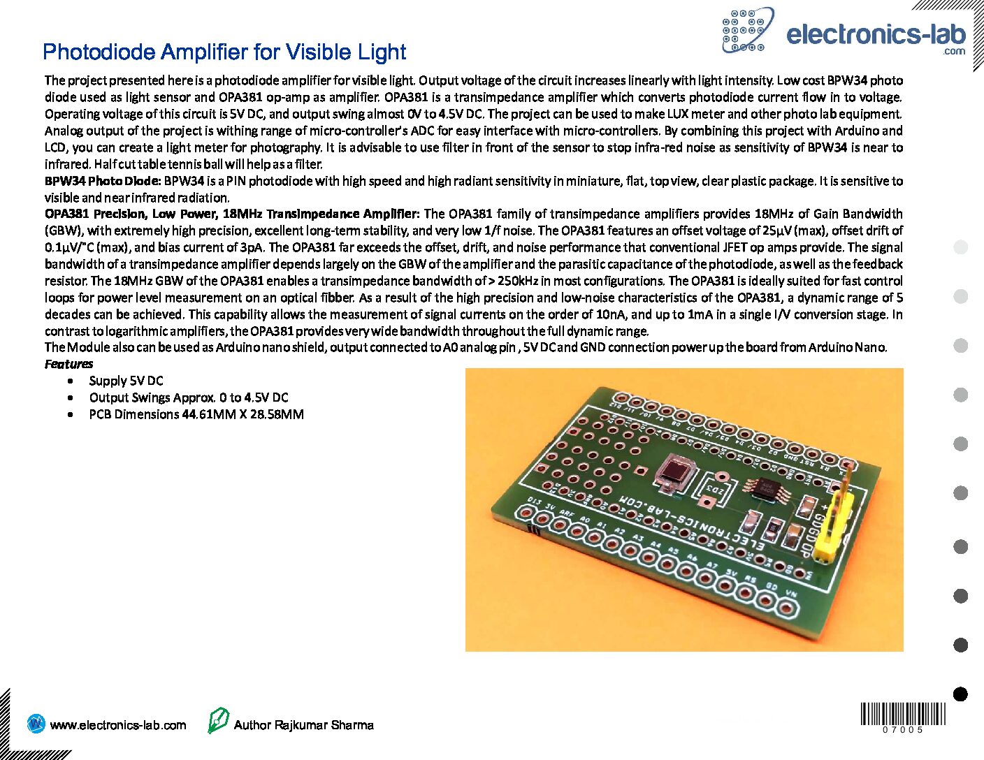 Photodiode Amplifier for Visible Light - Electronics-Lab.com
