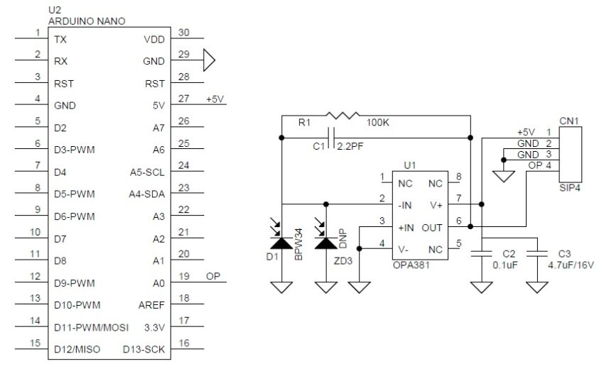 Photodiode Amplifier for Visible Light Using OPA381 - Arduino Nano ...