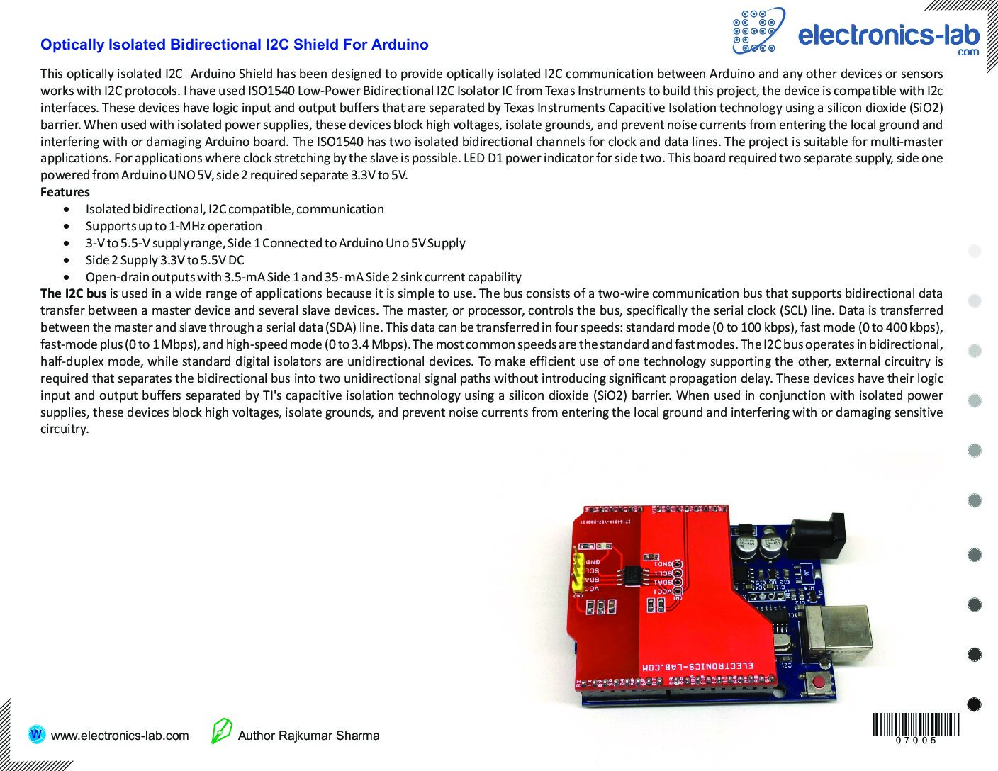 Optically Isolated Bidirectional I2c Shield For Arduino Electronics 