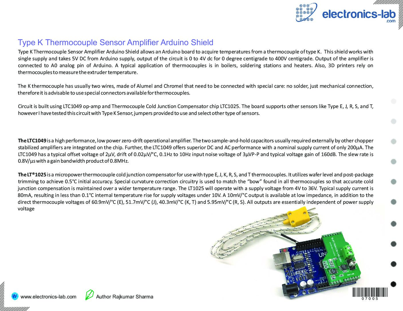Type K Thermocouple Sensor Amplifier Arduino Shield - Electronics-Lab.com