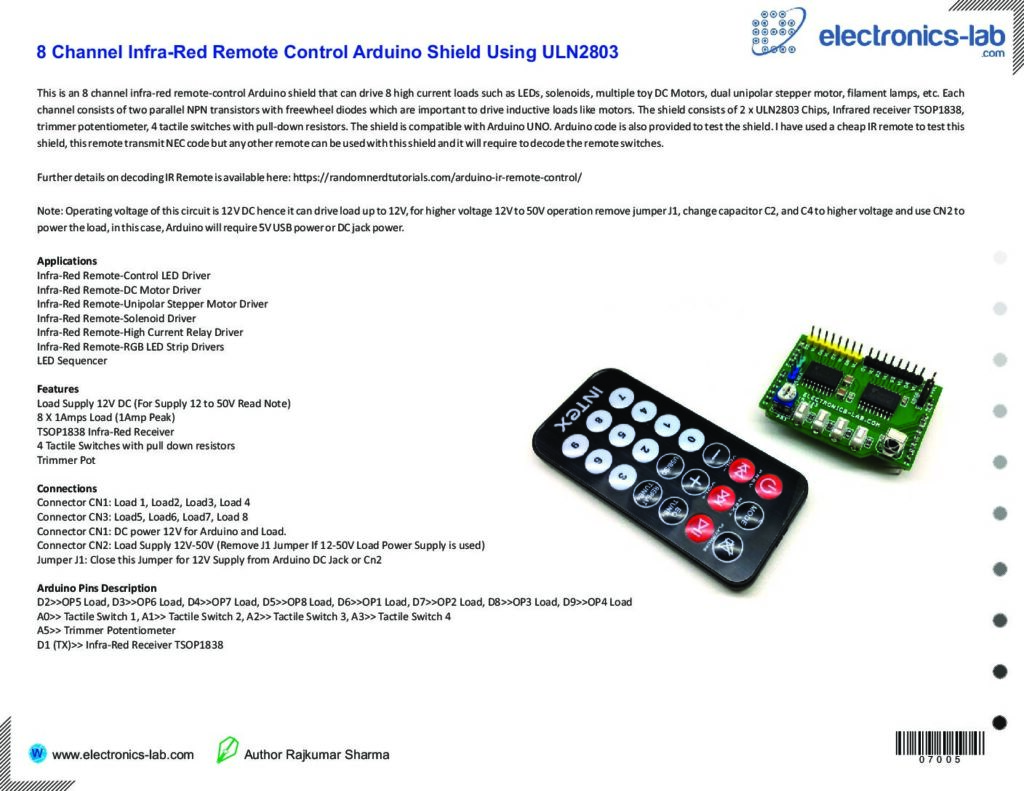 8 Channel Infra-Red Remote Control Arduino Shield Using ULN2803 ...