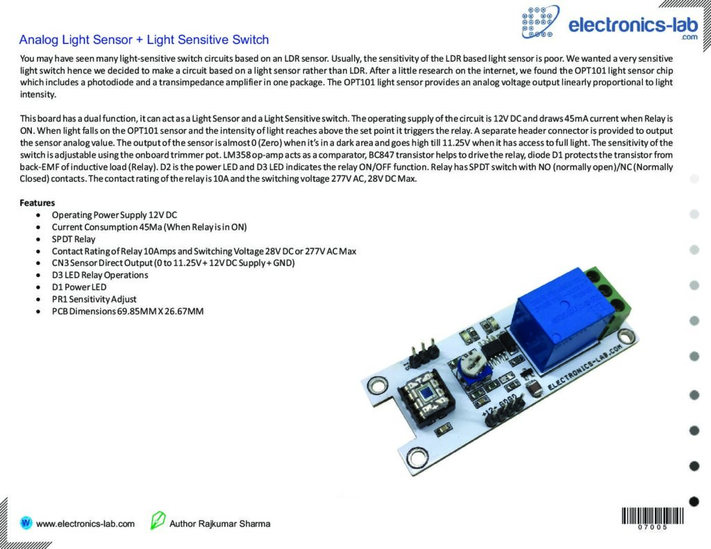 ANALOG LIGHT SENSOR LIGHT SENSITIVE SWITCH - Electronics-Lab.com