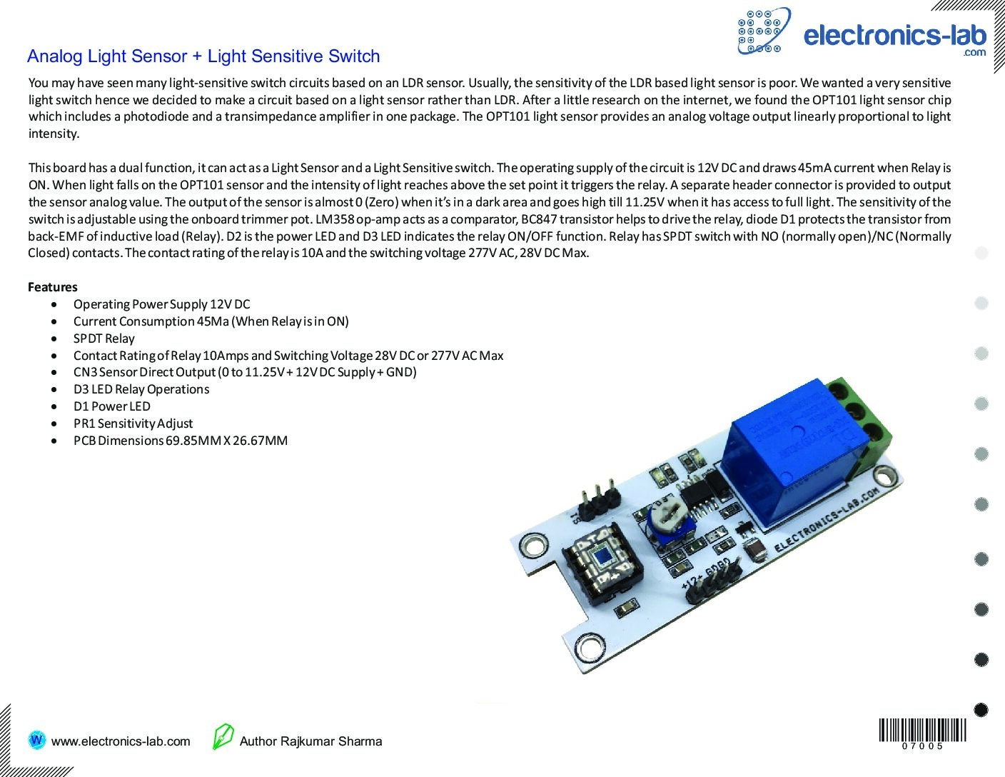 ANALOG LIGHT SENSOR LIGHT SENSITIVE SWITCH - Electronics-Lab.com