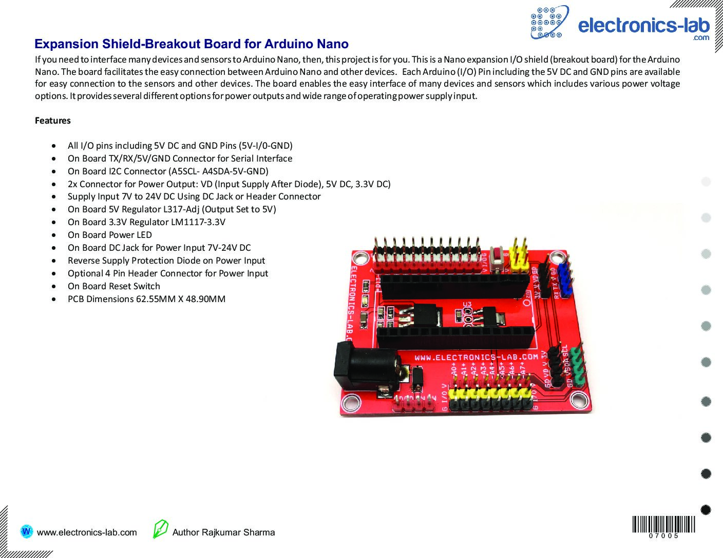 Expansion Shield- Breakout Board for Arduino Nano - Electronics-Lab.com