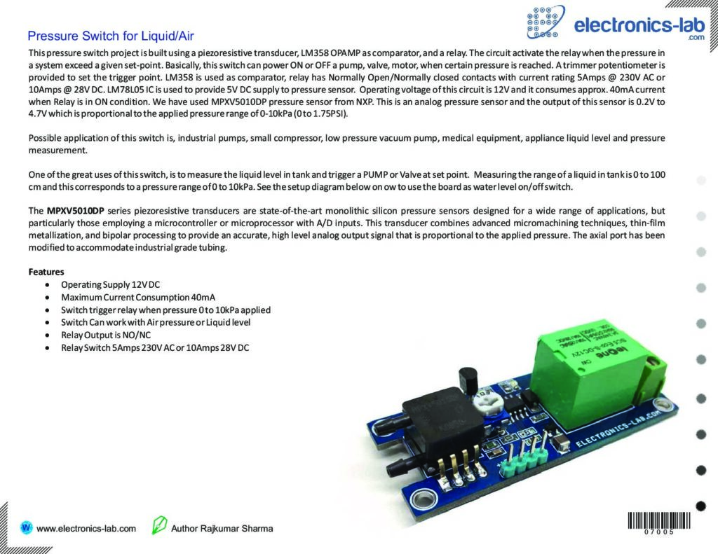 Liquid or Air Pressure Switch with Relay - Electronics-Lab.com