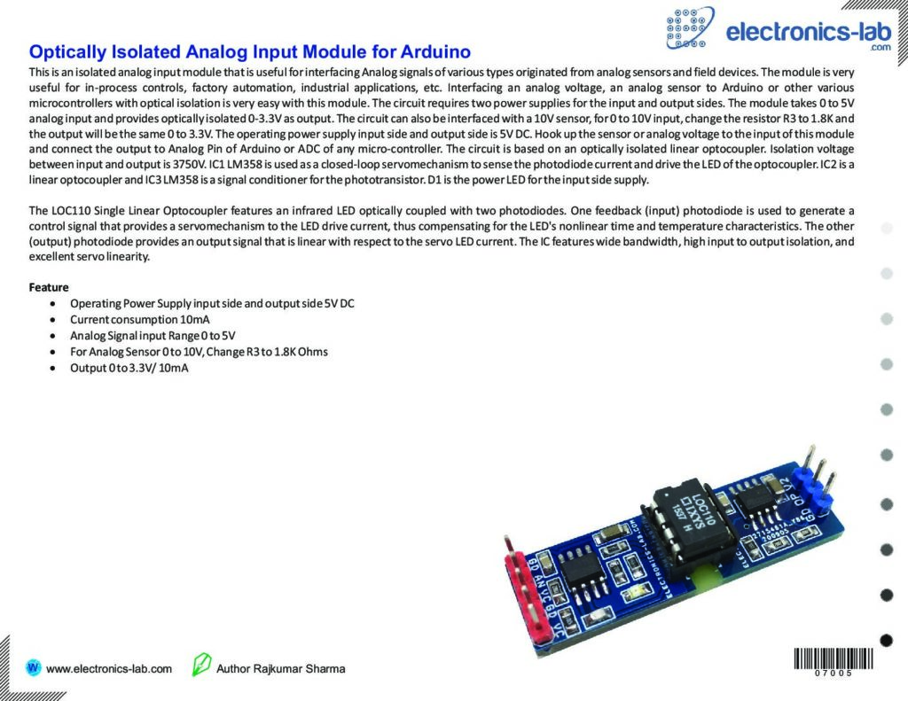 Optically Isolated Analog Input Module For Arduino Electronics