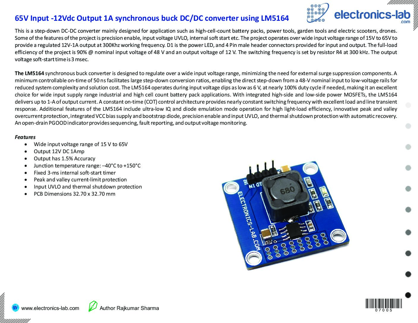 65V Input -12Vdc Output 1A synchronous buck DC-DC converter using LM5164 - Electronics-Lab.com