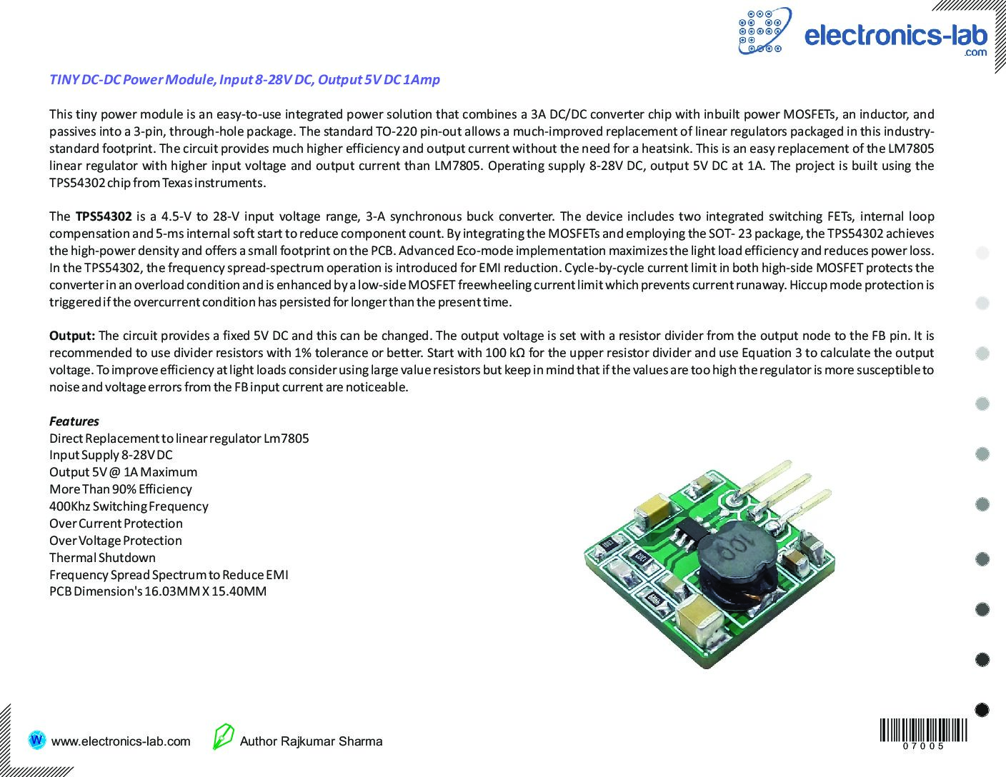 TINY DC-DC Power Module - Input 8-28V DC - Output 5V DC 1A ...