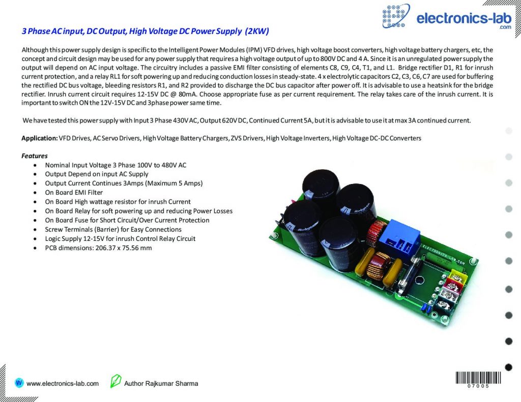 3 Phase AC input, DC Output, High Voltage DC Power Supply (2KW ...