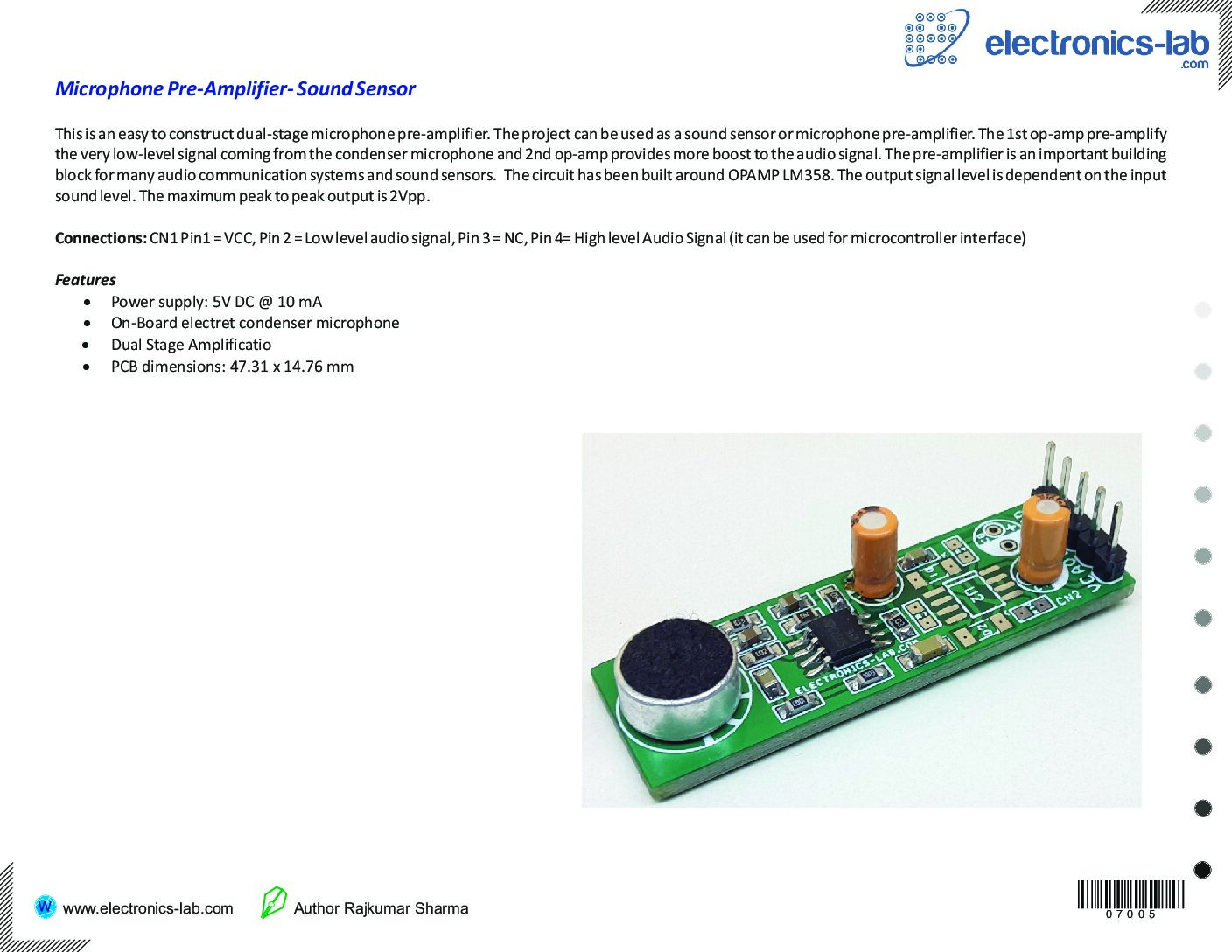 Microphone Preamplifier- Sound Sensor - Electronics-Lab.com