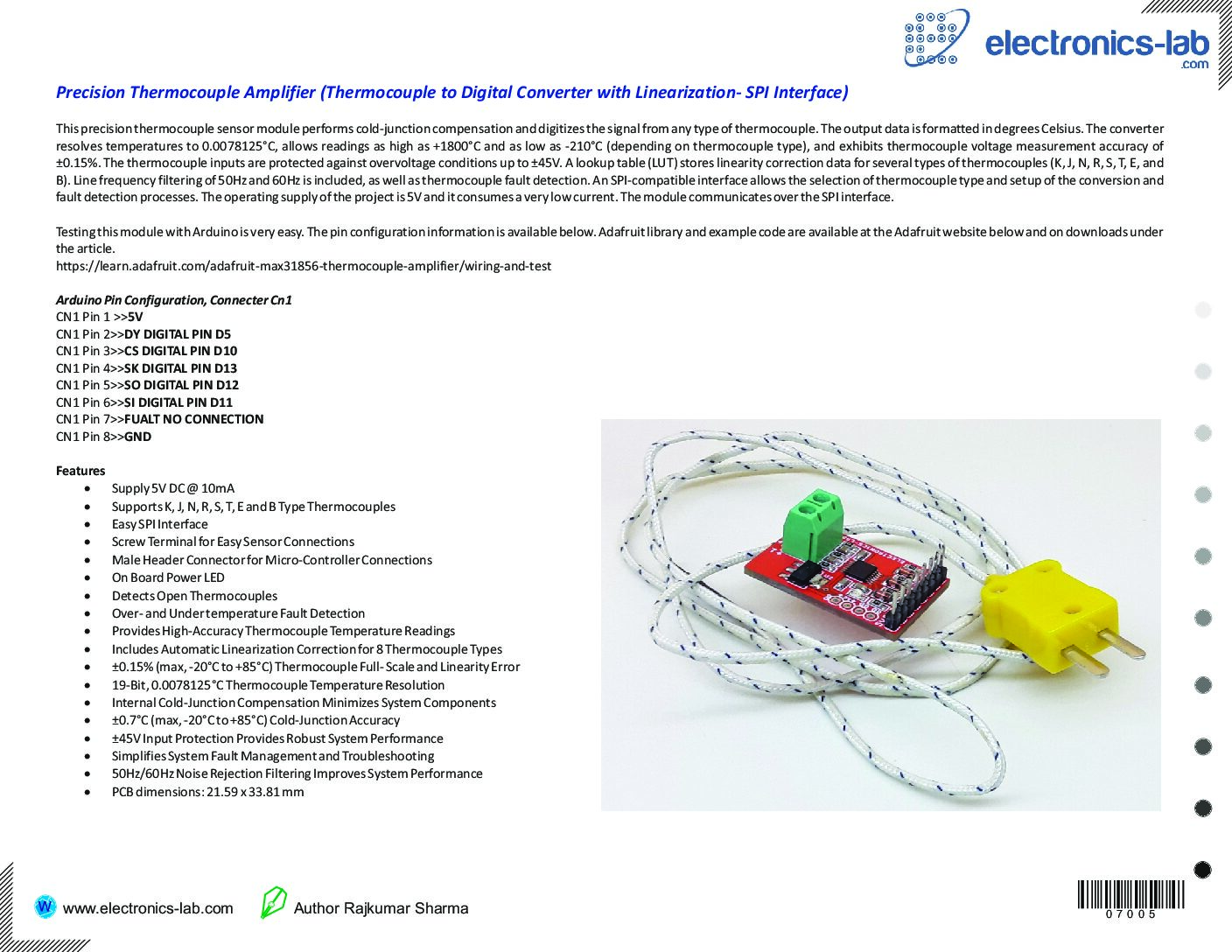 Precision Thermocouple Amplifier (Thermocouple to Digital Converter with Linearization- SPI ...