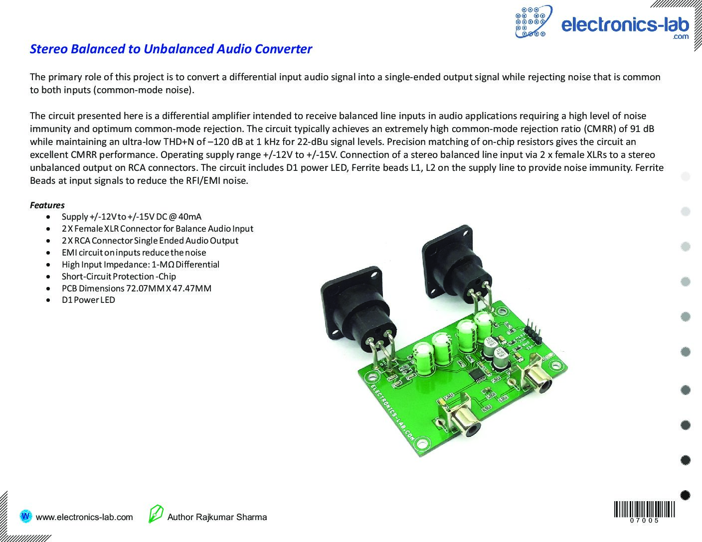 Stereo Balanced to Unbalanced Audio Converter - Electronics-Lab.com
