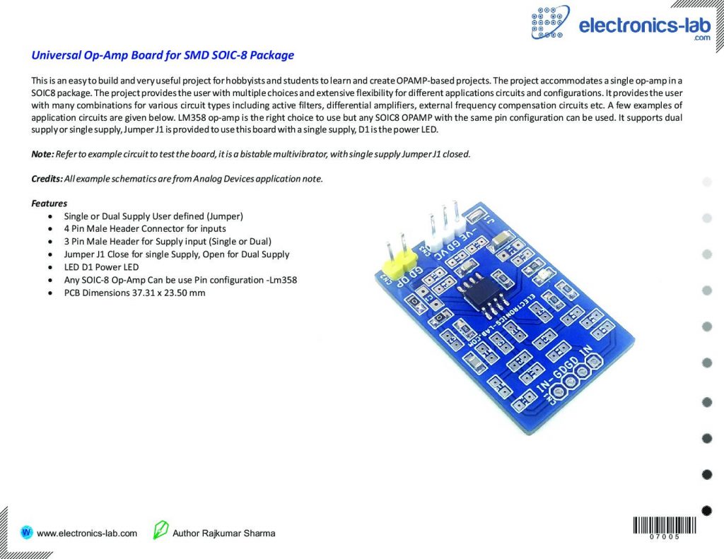 Universal Op-Amp Board for SMD SOIC-8 Package - Electronics-Lab.com