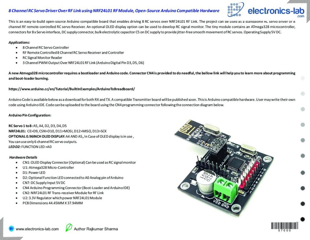8 Channel RC Servo Driver Over RF Link using NRF24L01 RF Module - Electronics-Lab.com