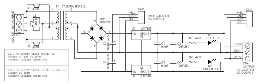 Dual +5 V/-5V @ 200 mA Regulated Linear Power Supply - Electronics-Lab