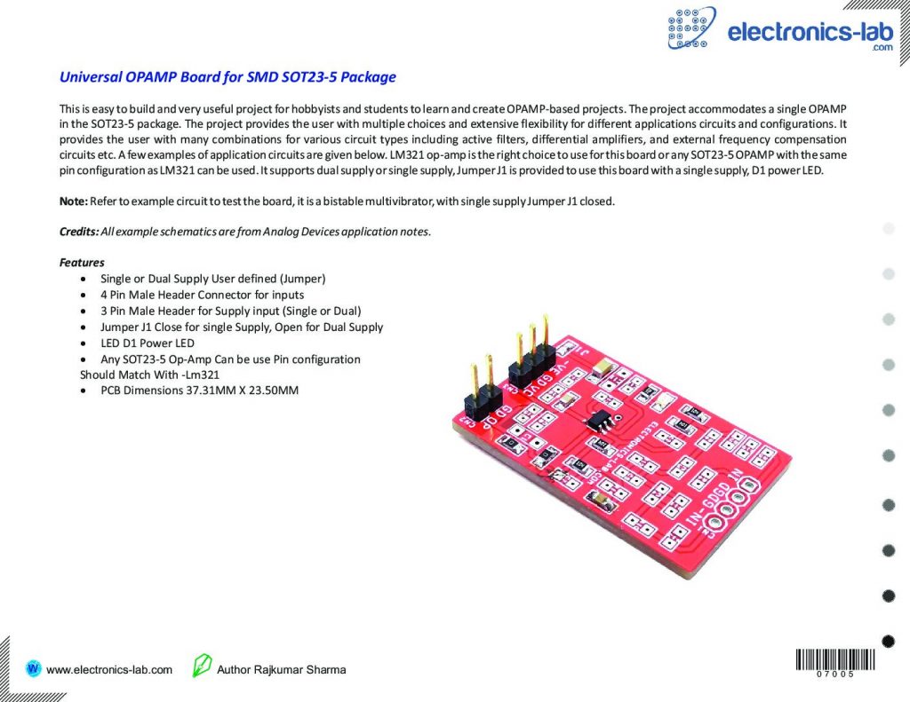 Universal OPAMP Board for SMD SOT23-5 Package - Electronics-Lab.com