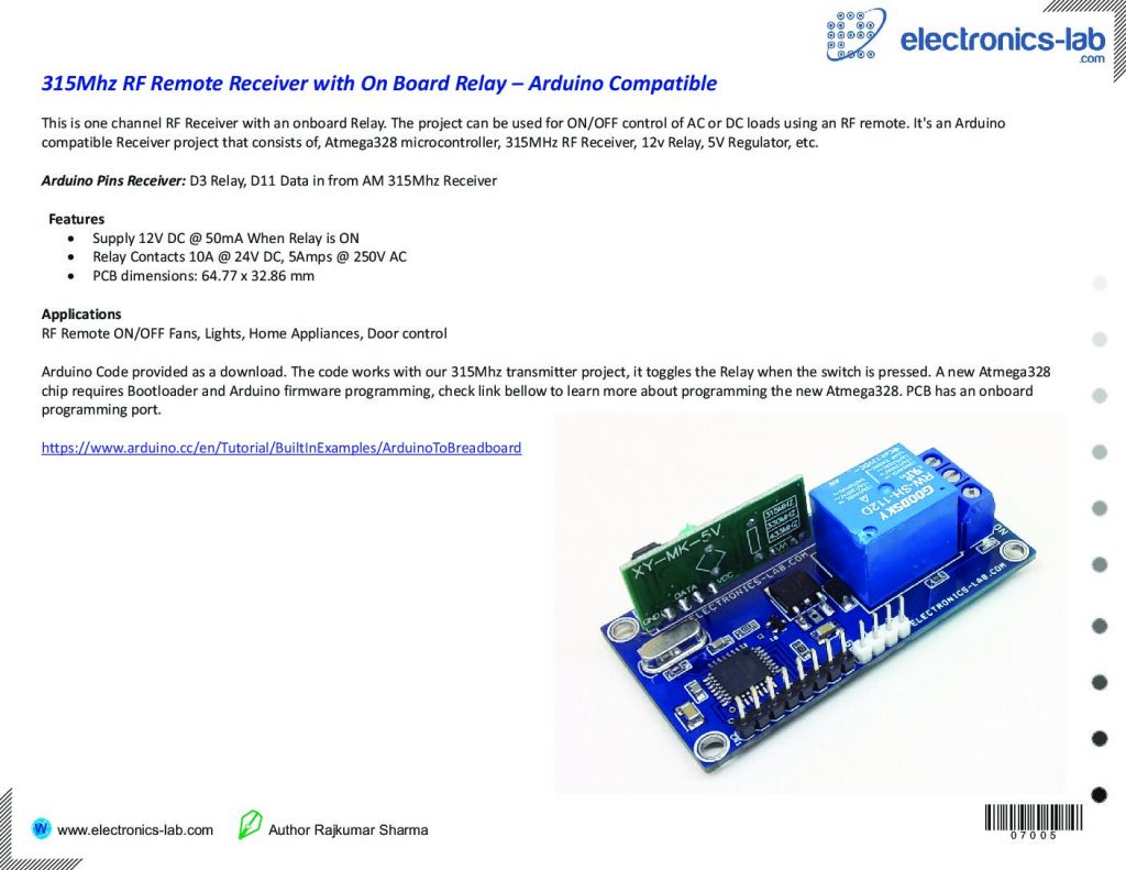 315Mhz RF Remote Receiver with On Board Relay - Electronics-Lab.com