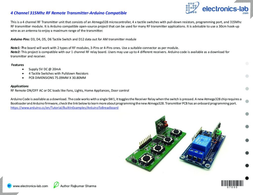 4 Channel 315Mhz RF Remote Transmitter - Electronics-Lab.com
