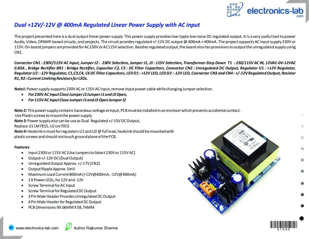 Dual +12V-12V @ 400mA Regulated Linear Power Supply with AC input ...
