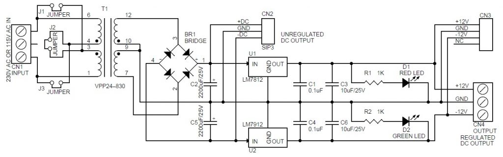Dual +12V/-12V @ 400mA Regulated Linear Power Supply with AC input ...