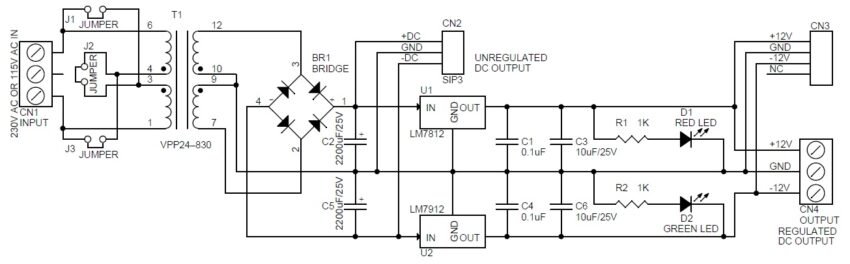 Dual +12V/-12V @ 400mA Regulated Linear Power Supply with AC input ...