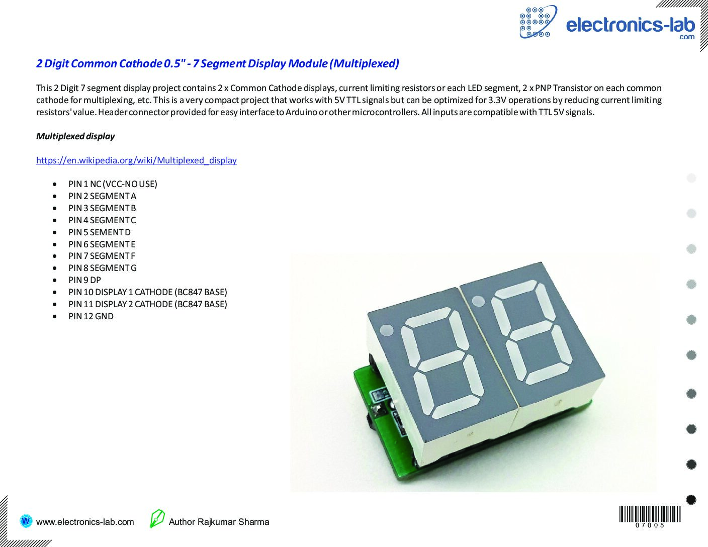 2 Digit Common Cathode 0.5 - 7 Segment Display Module (Multiplexed ... 2 Digit Common Cathode 0.5 - 7 Segment Display Module (Multiplexed ...