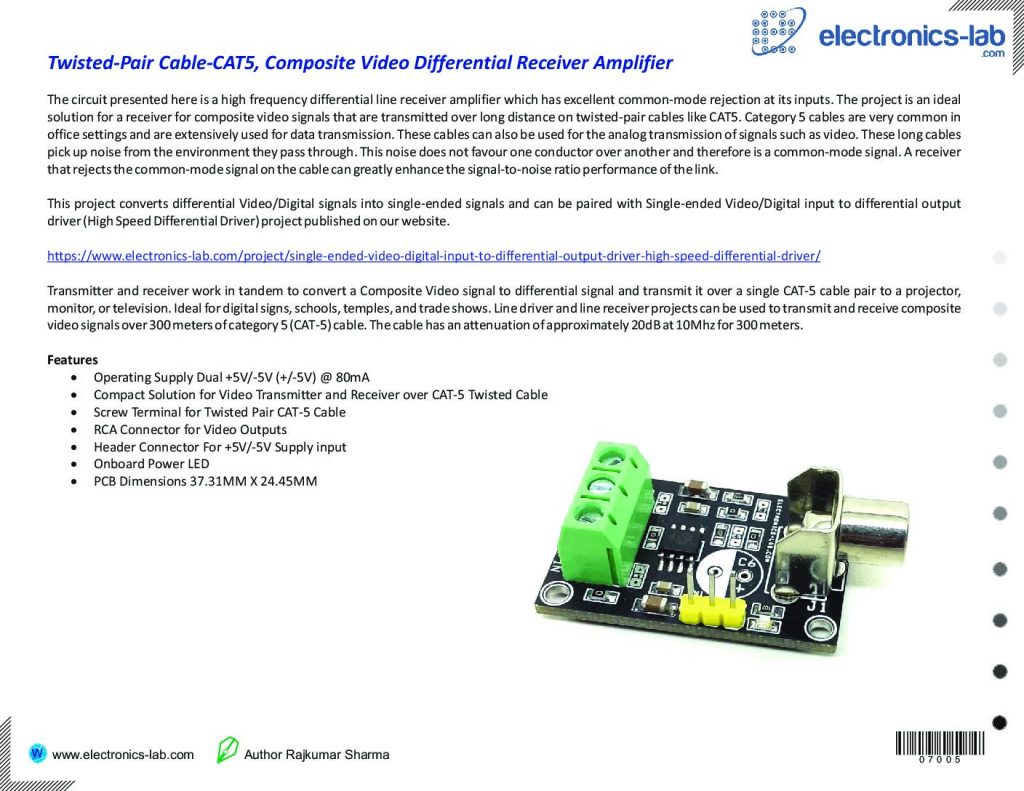 Twisted-Pair Cable-CAT5 - Composite Video Differential Receiver ...