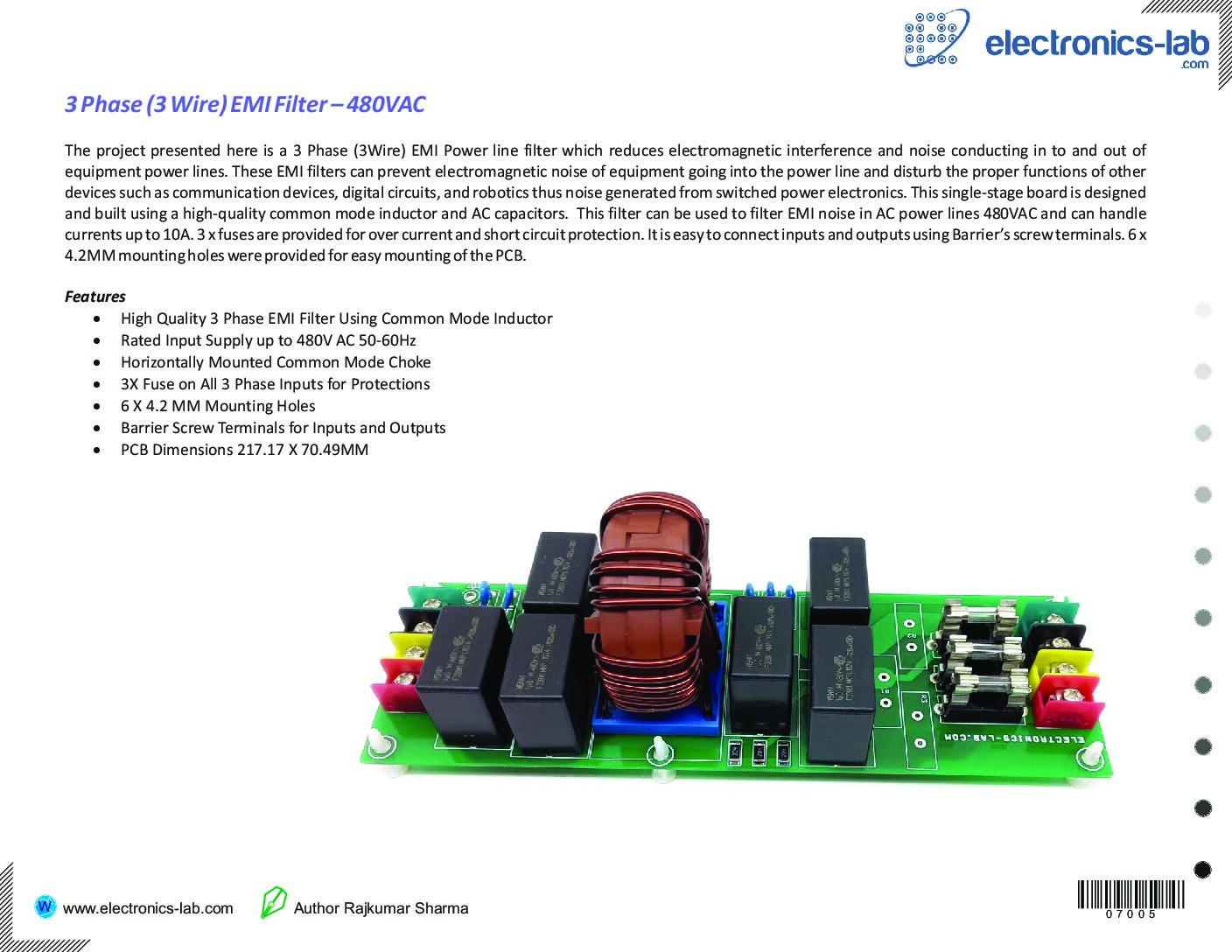 3 Phase (3 Wire) EMI Filter - 480VAC - Electronics-Lab.com