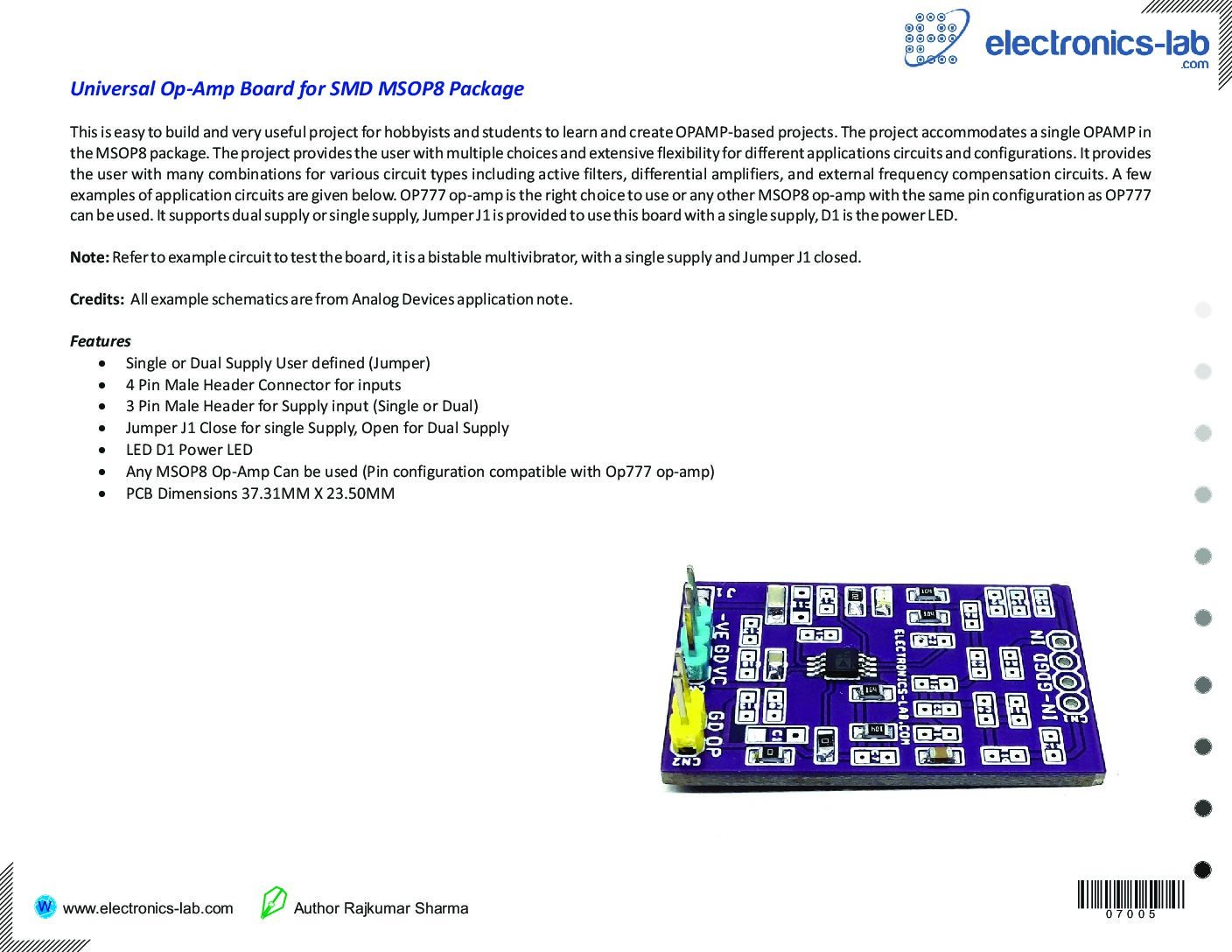 Universal OPAMP Board for SMD MSOP8 Package - Electronics-Lab.com