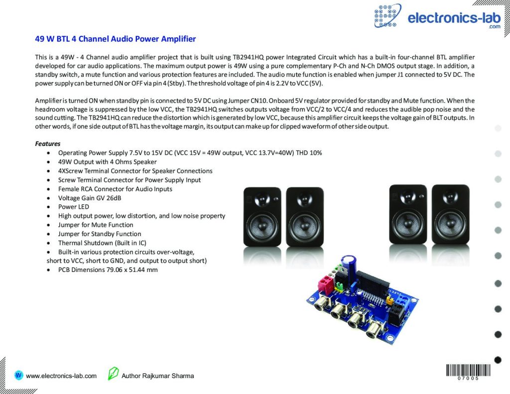 49W BTL 4 Channel Audio Power Amplifier - Electronics-Lab.com