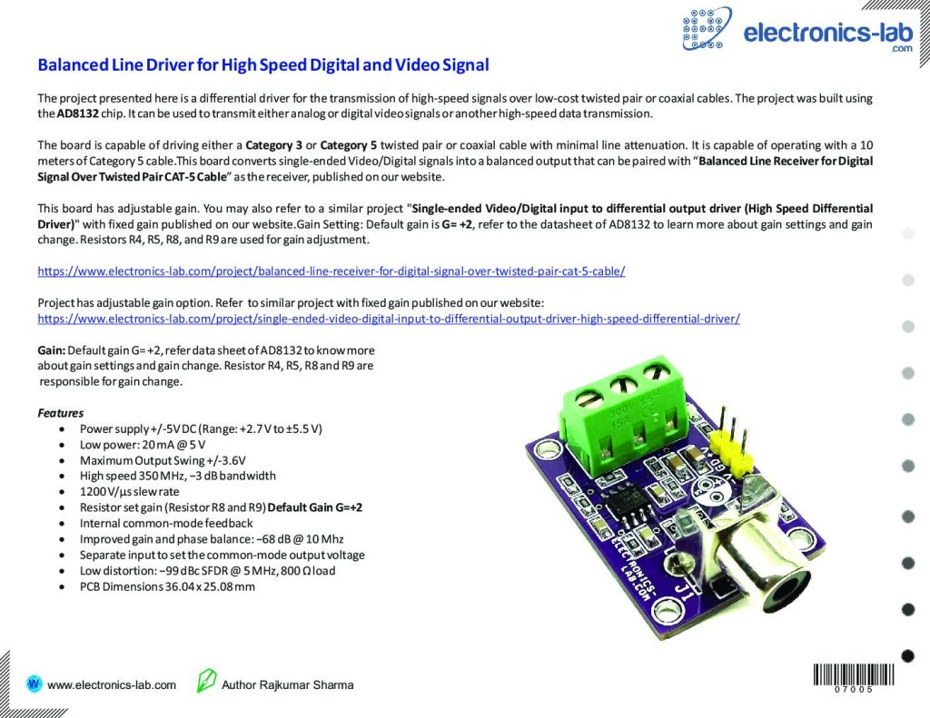 Balanced Line Driver for High Speed Digital and Video Signal ...