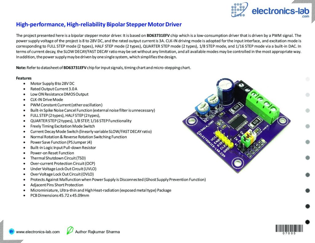 High Performance High Reliability Bipolar Stepper Motor Driver Electronics