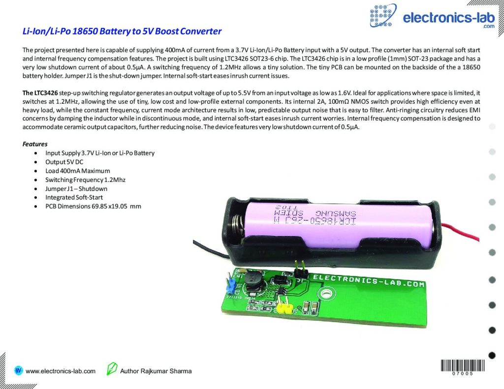 Li-Ion-Li-Po 18650 Battery to 5V Boost Converter - Electronics-Lab.com