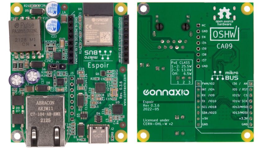 Espoir, an open-source ESP32-powered PoE+ board with mikroBUS header ...